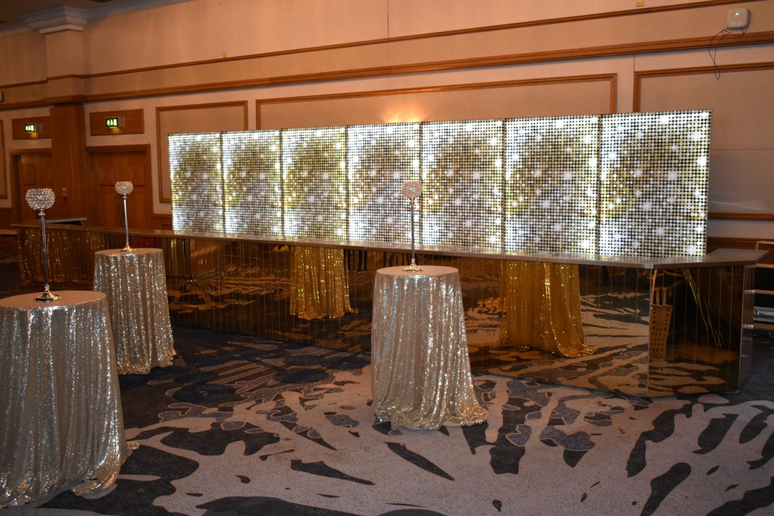 Gold shimmer mobile bar hire and glitz backdrops for this event in ...